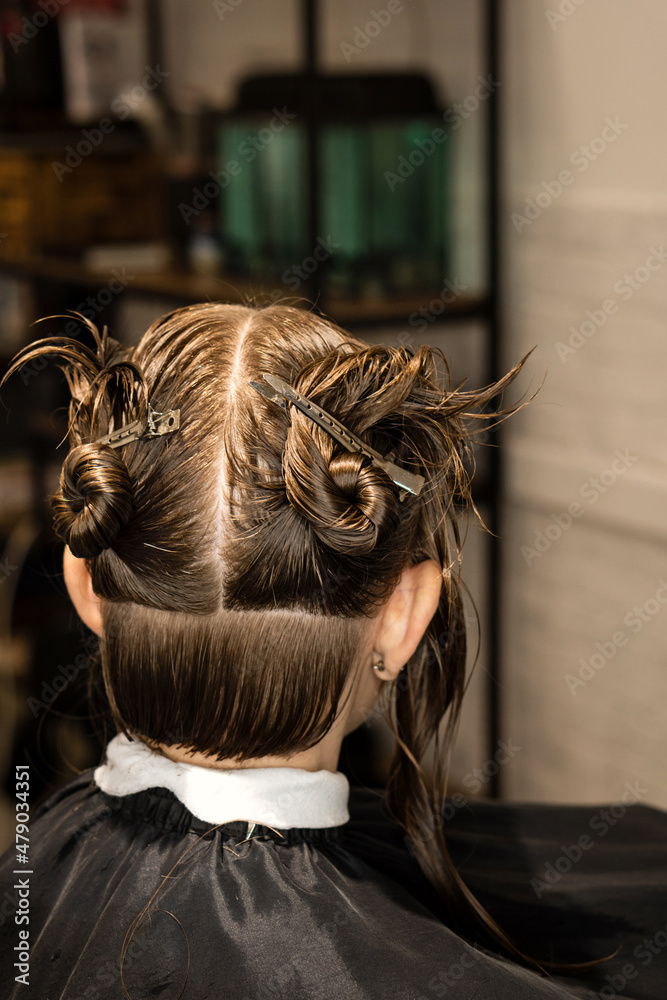Close Up Back View of Little Girl Client. Hairtician Divided Hair in ...