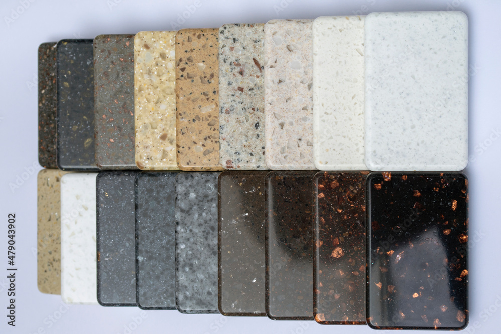 Samples of natural granite, marble, quartz stone, countertops and a ...