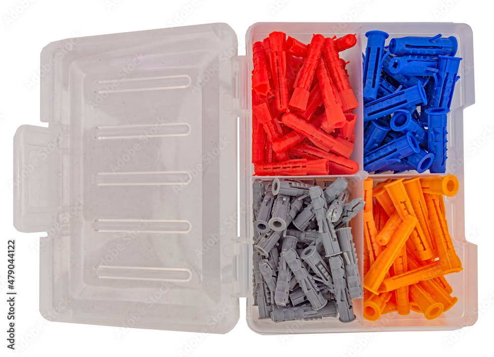 plastic wall anchor in a transparent plastic box Stock Photo | Adobe Stock