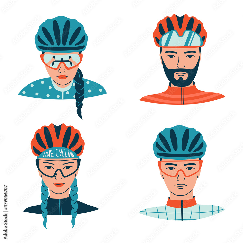 Portrait of young women and men wearing bicycle helmets and sports ...
