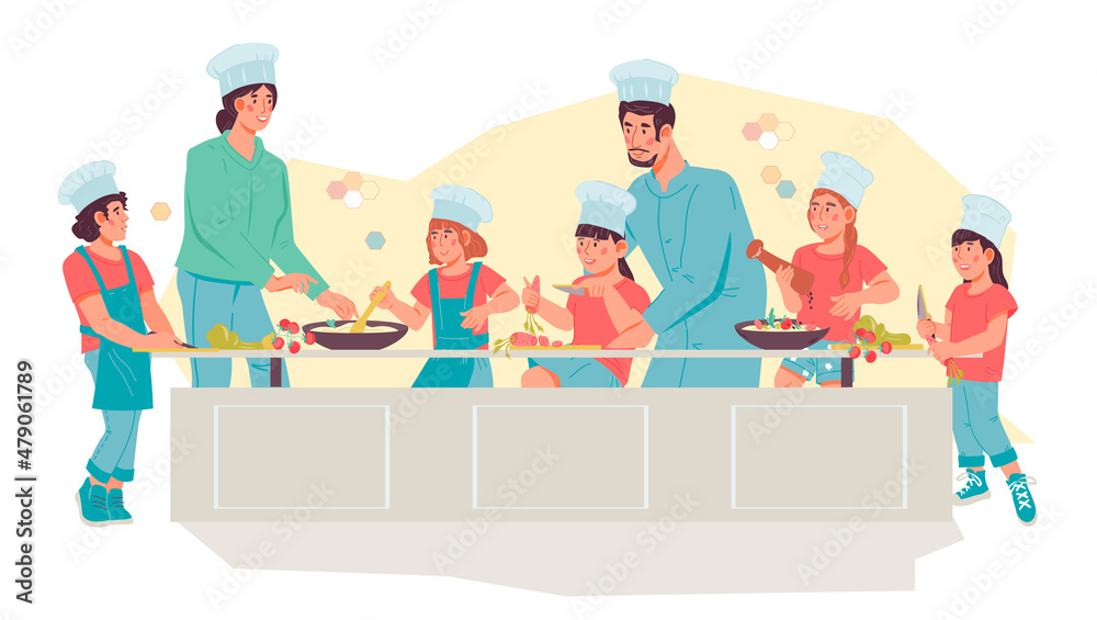 Kids Cooking Class scene, flat vector illustration isolated on white ...