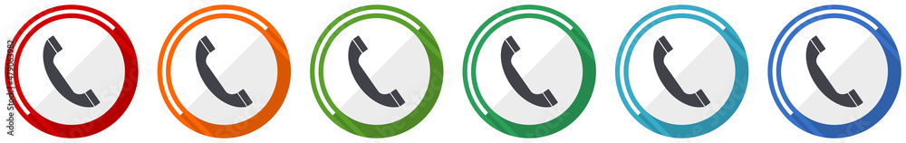 Phone icon set, flat design vector illustration in 6 colors options for ...