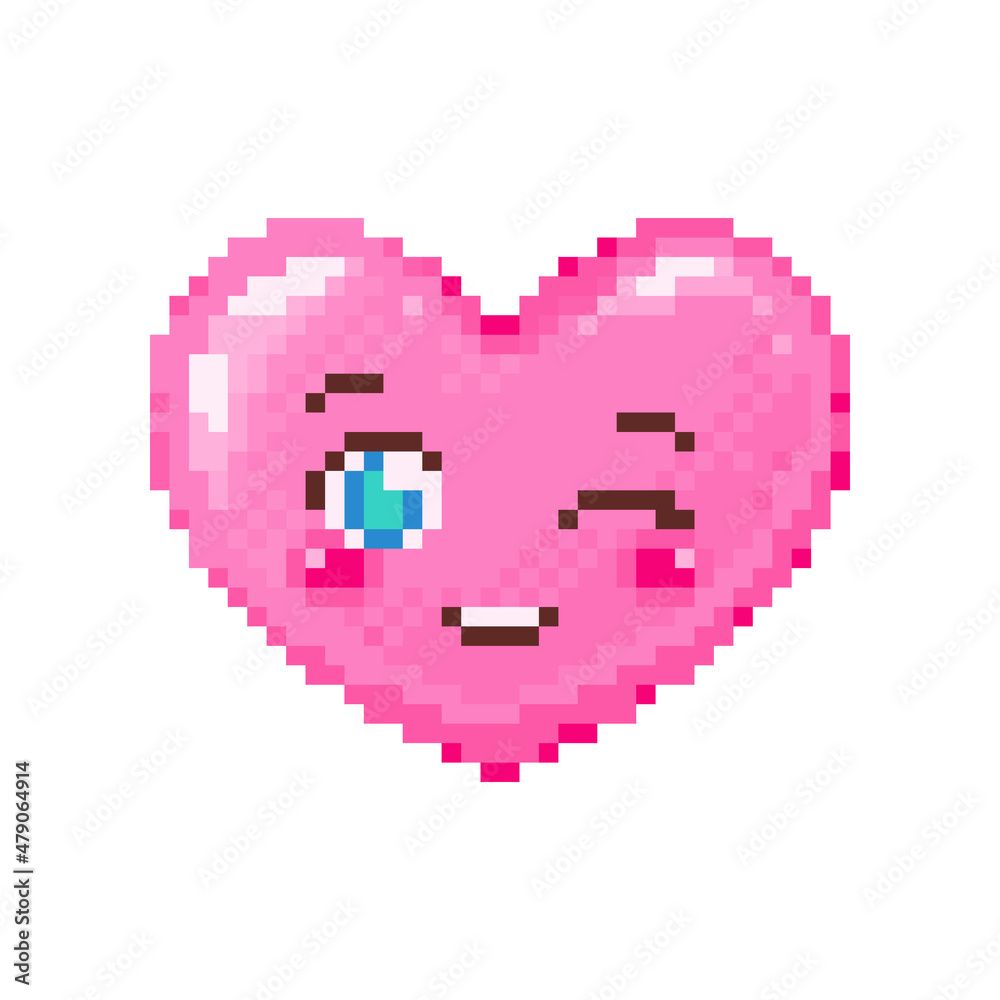 Pixel art winking heart emoji. Vintage 8 bit pixel pink wink emoticon ...