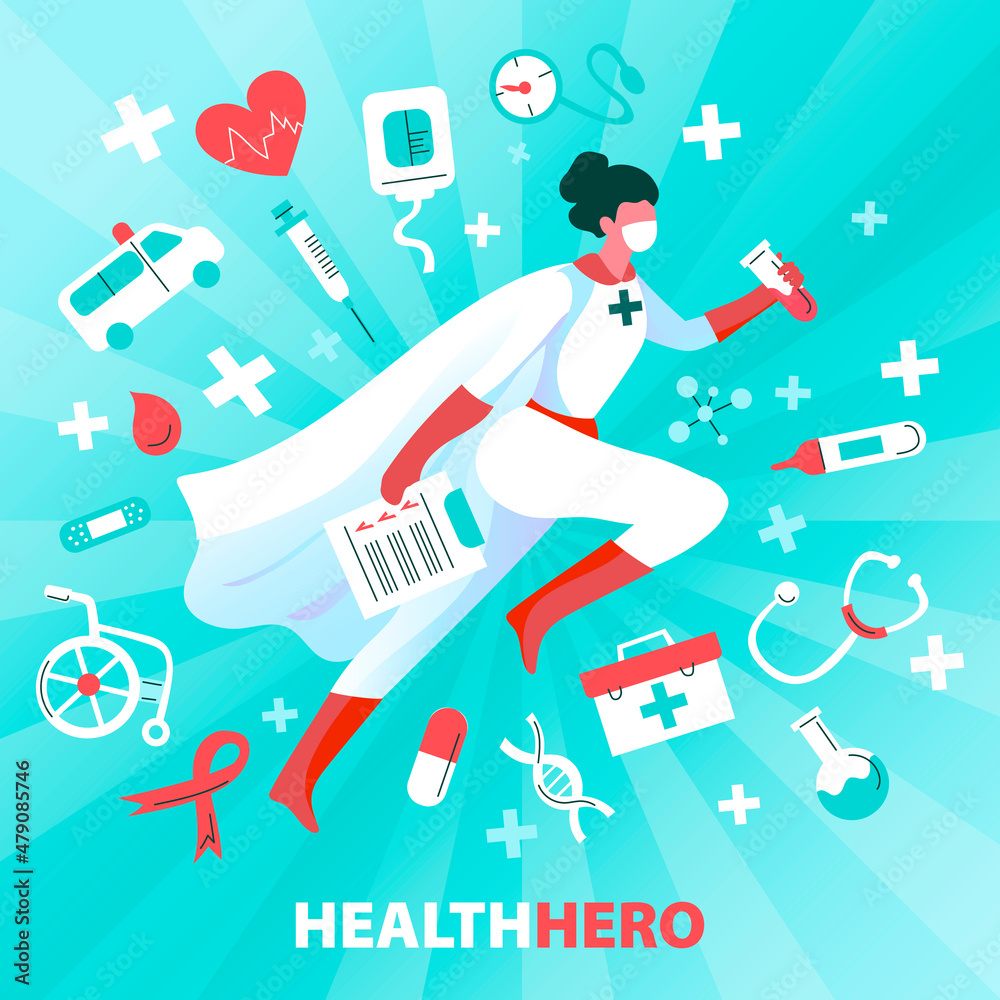 Vector flat hand drawn concept medical worker in super hero costume ...