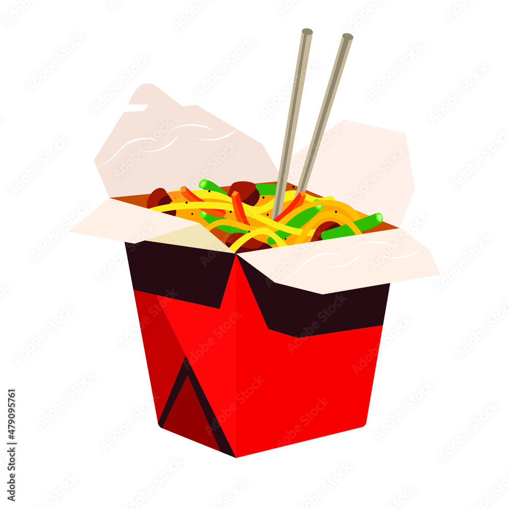 Cardboard box to take out noodles with vegetables and a wok of fried ...