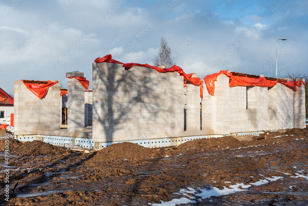 Construction of a house stopped for the winter. Aerated concrete blocks ...