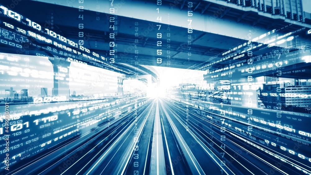 Foto de Digital data flow on road in concept of cyber global ...