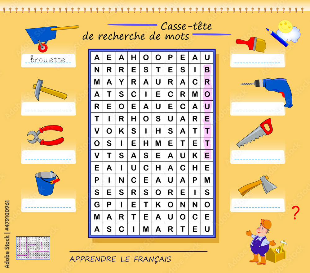 LEARN FRENCH. Word search puzzle. Logic game with working tools for ...