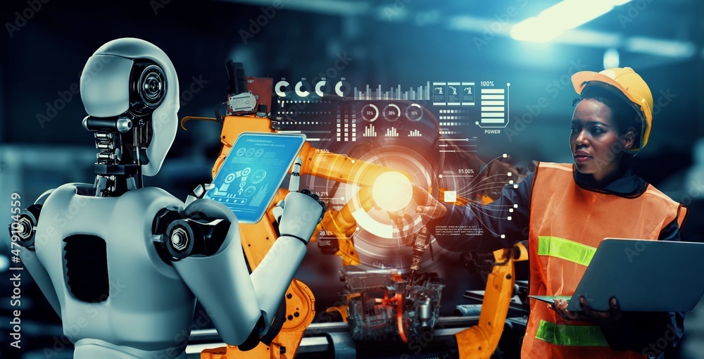 Mechanized industry robot and human worker working together in future ...