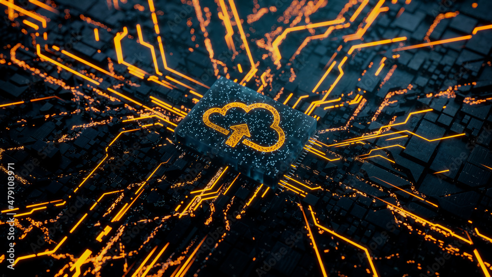 Data Storage Technology Concept With Cloud Upload Symbol On A Microchip