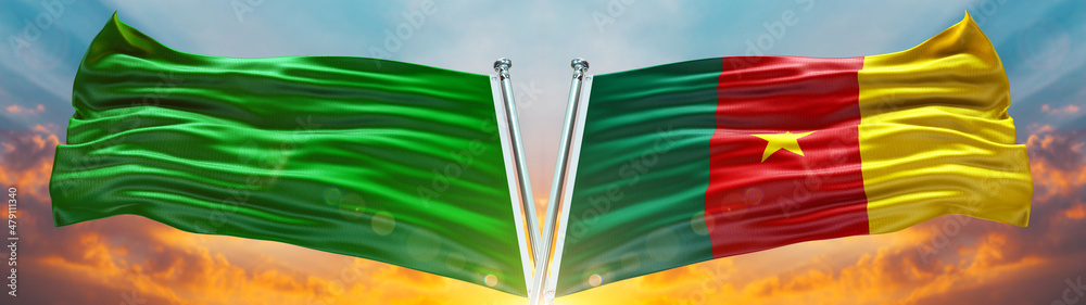 Old Libya flag and Cameroon Flag waving with texture sky Cloud and ...
