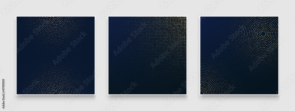 Set of abstract wavy dots line pattern with dark navy blue and golden ...