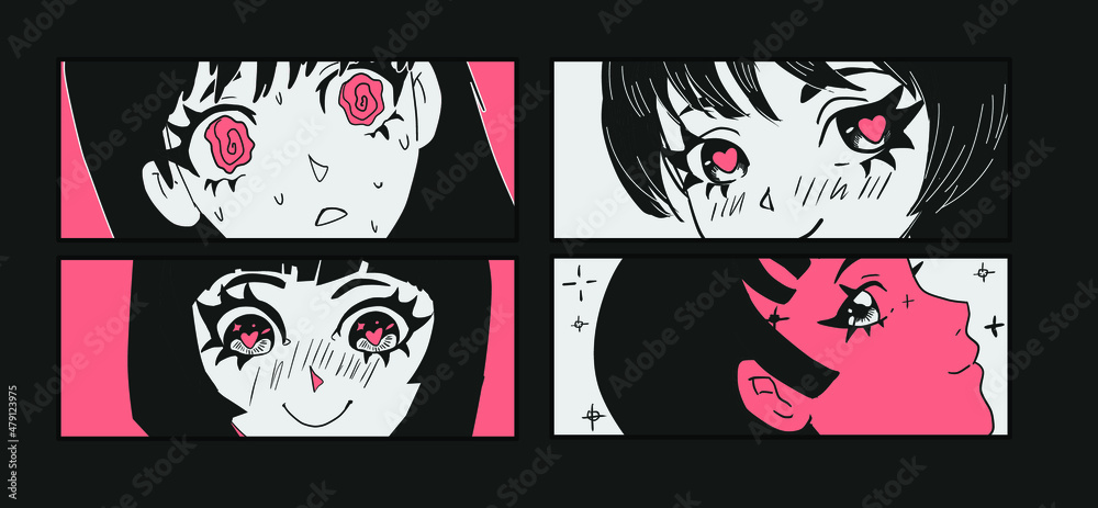 Multiple-panel sequence of a comic strip with different anime female ...
