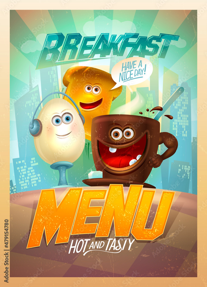 Old style breakfast menu card template with funny food personages - egg ...