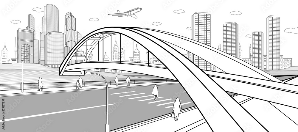 Infrastructure city illustration. Pedestrian bridge over the highway ...