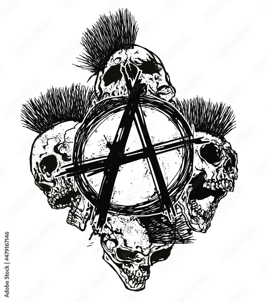 Vecteur Stock Black A anarchy symbol and four mohawk hair skulls ...