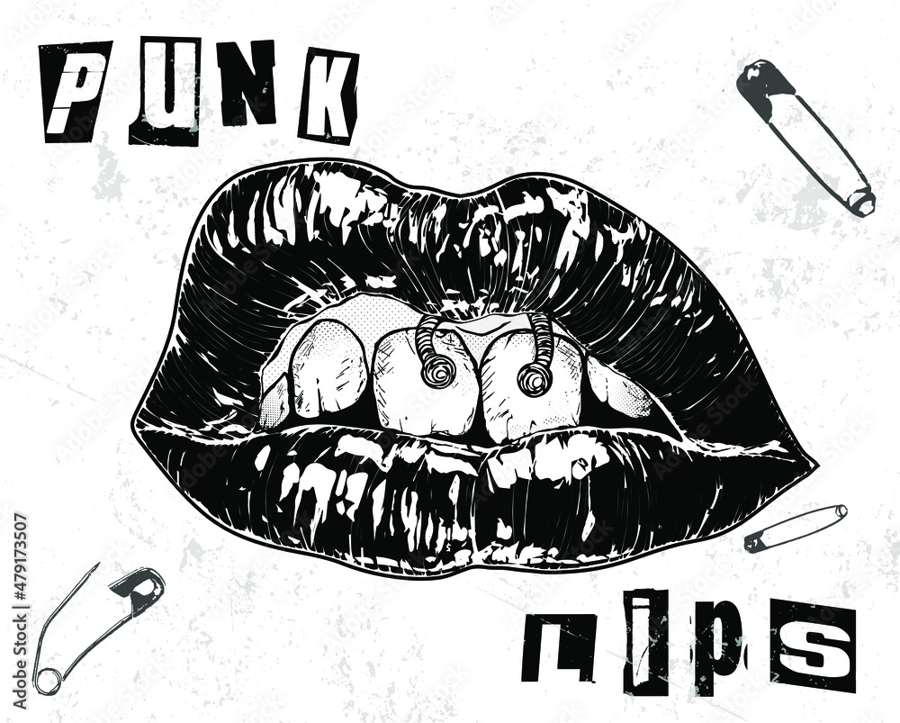 Punk Lips. Hand drawn black lipstick angry lips with piercing in the ...