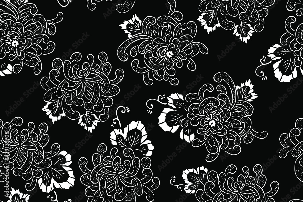 Vector black and white abstract floral seamless pattern of minimalist ...
