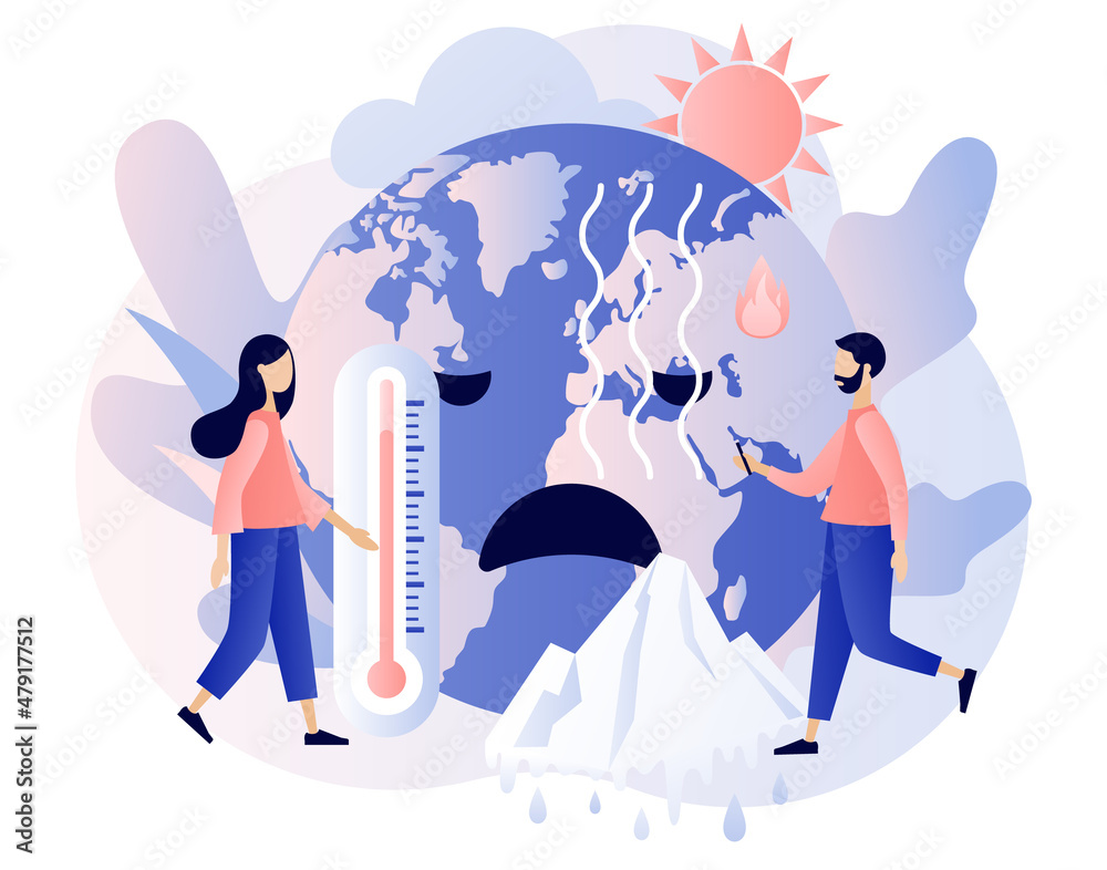 Climate change. Global warming concept. Tiny people trying save planet ...