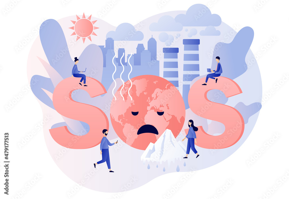 Climate change. SOS - big text. Global warming concept. Tiny people ...
