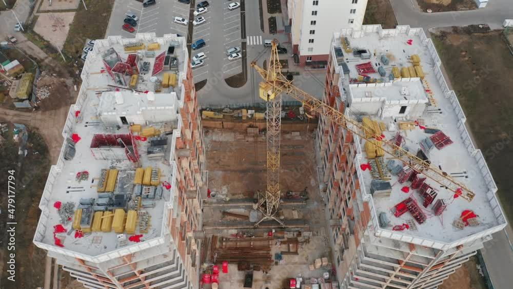 Aerial view of the construction site of two residential buildings in ...