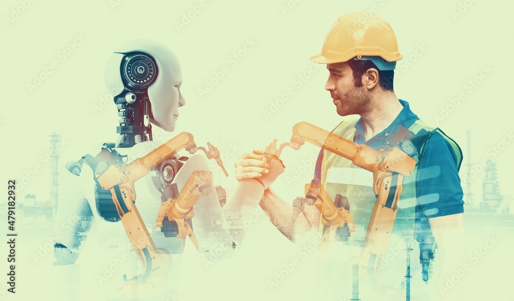 Mechanized industry robot and human worker working together in future ...