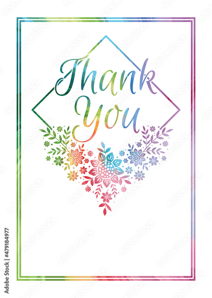 Thank you card with rainbow watercolor effect. Colorful floral design ...