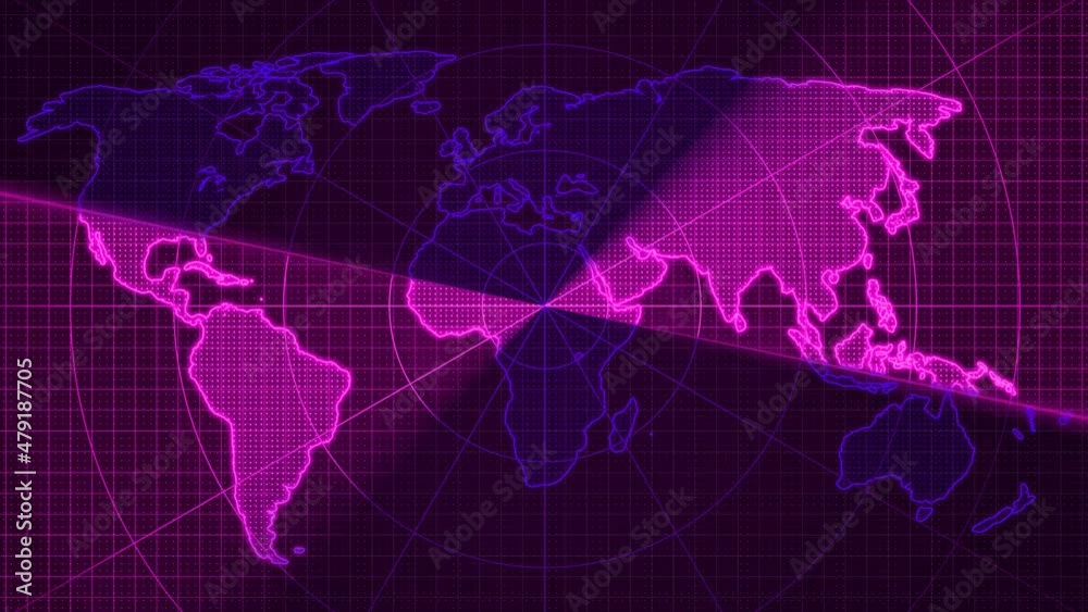 Digital technology scanning world map animated, Purple pink color world ...
