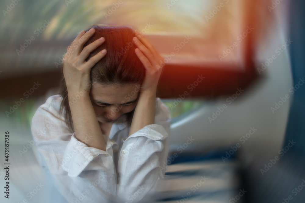 Vertigo illness concept. Woman hands on her head felling headache dizzy ...