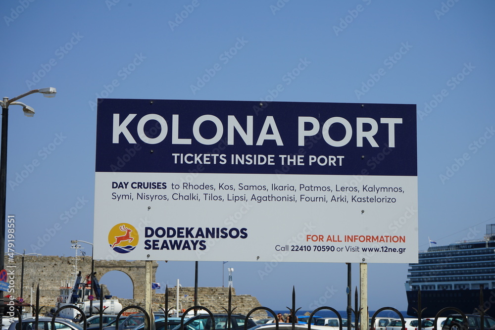 Kolona port sign by Dodekanisos seaways on Rhodes island Greece Stock ...