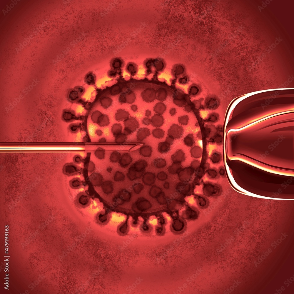 Redscale digital illustration of a microscope laboratory intervention ...