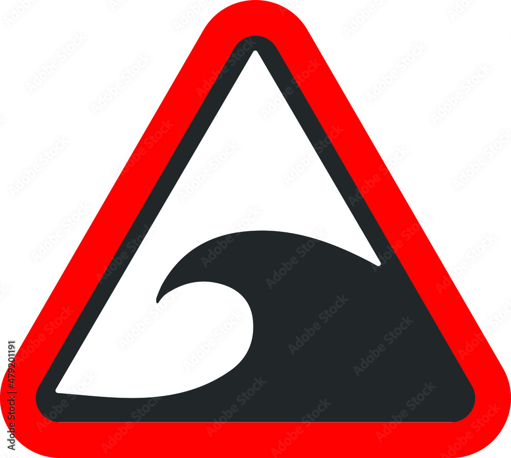 tsunami warning flat, high ocean waves warning sign Stock Vector ...