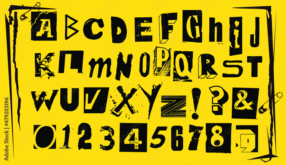 Punk typography vector alphabet and numbers. Type specimen set for ...
