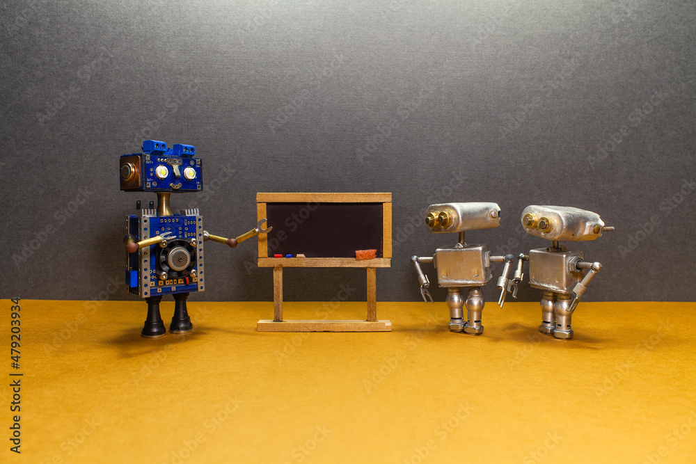 Blackboard classroom and learning technology. Robot professor teacher ...