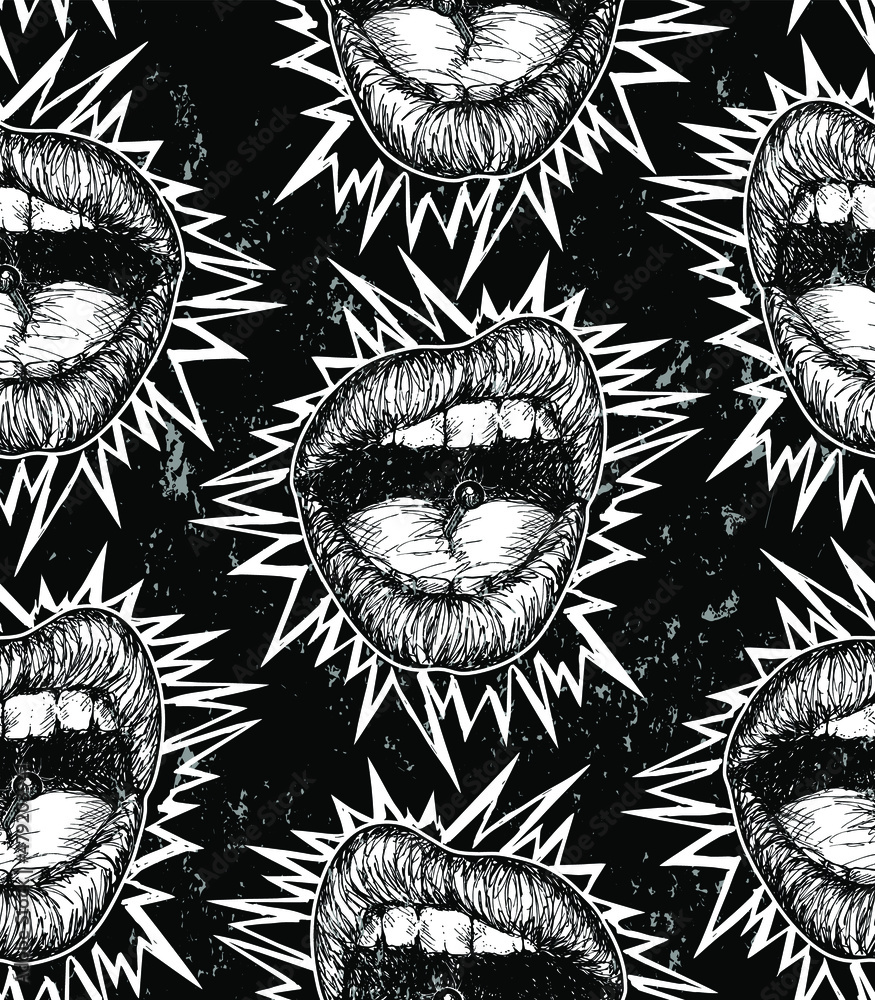 Vector black and white seamless pattern of hand drawn punk lips open ...