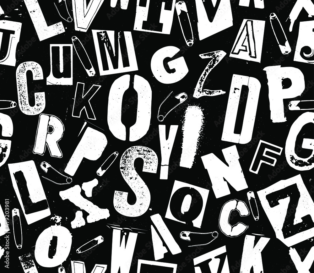 Punk vector alphabet white typography specimen seamless pattern for ...