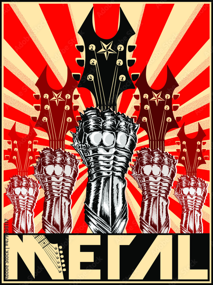 METAL. Poster vector illustration of metal armored raised fist and ...