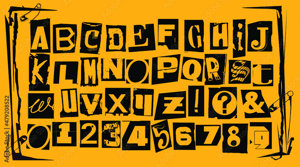 Punk typography vector alphabet and numbers. Type specimen set for ...