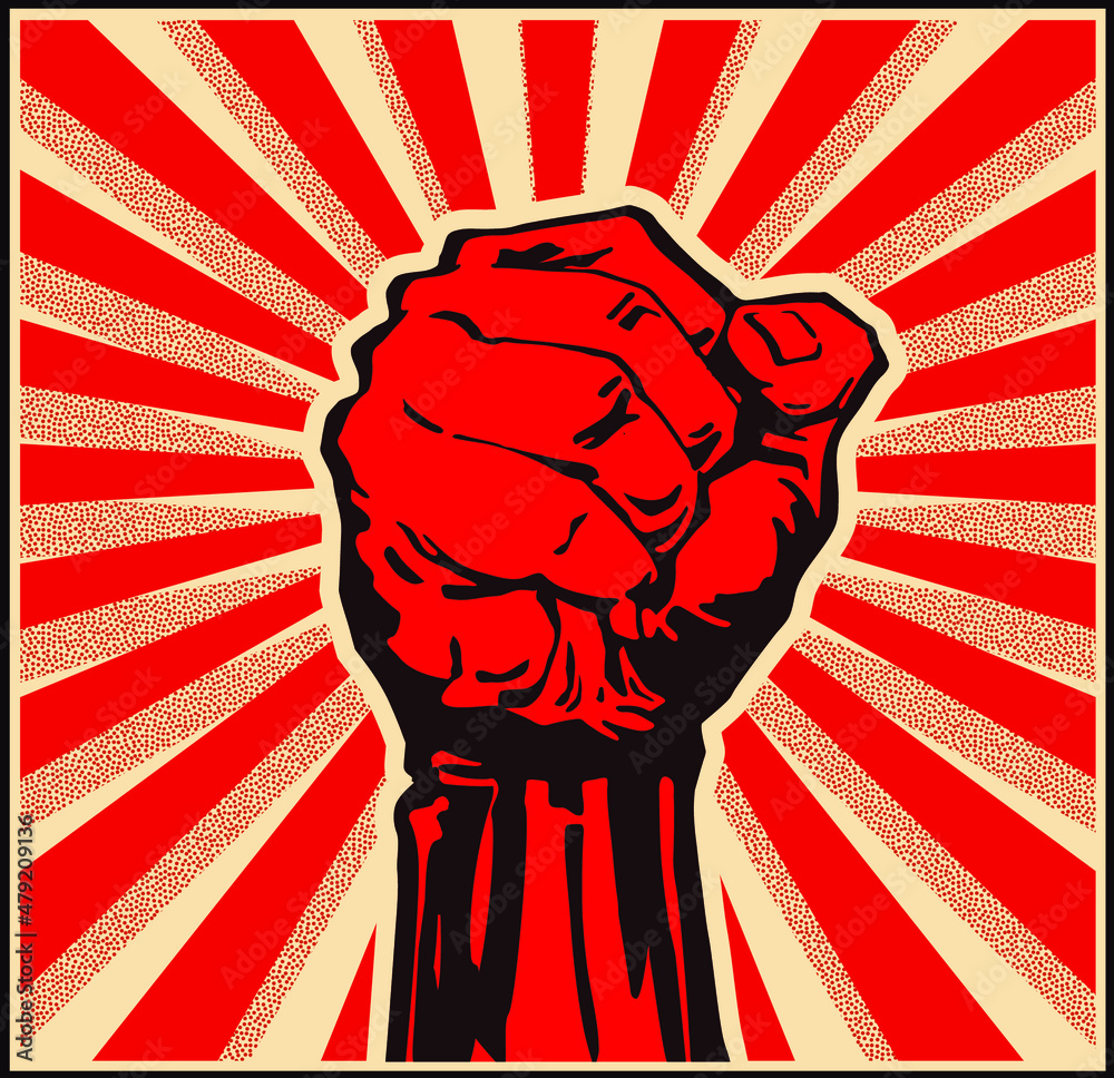 Vector illustration of strong raised red fist in a ray red background ...
