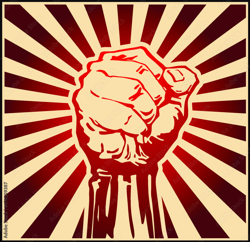 Vector illustration of strong raised fist in a ray red background in ...
