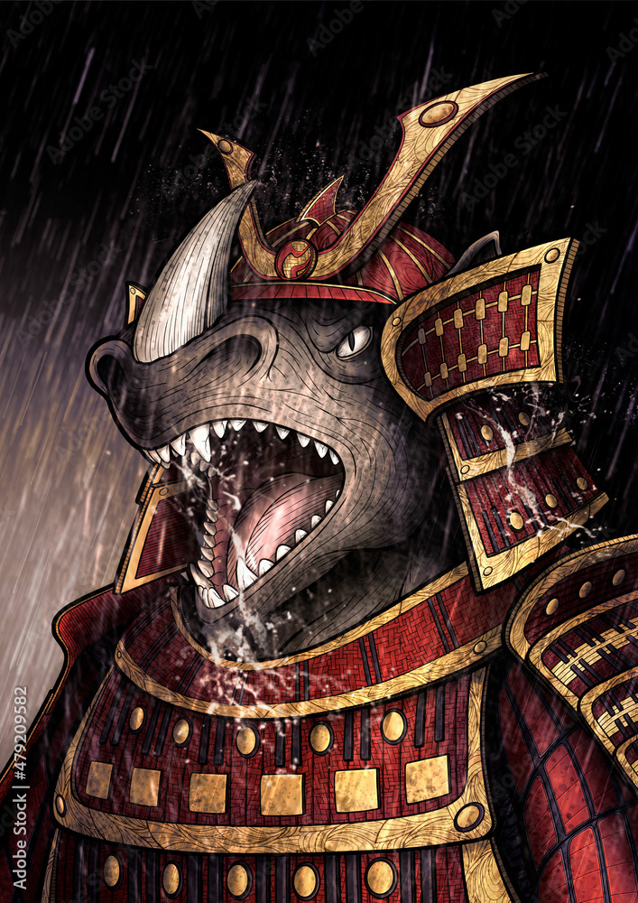 A formidable samurai rhino with an open mouth stands under heavy ...