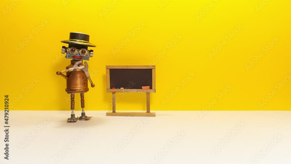 Blackboard classroom, robot professor and bot pupils students. Machine ...