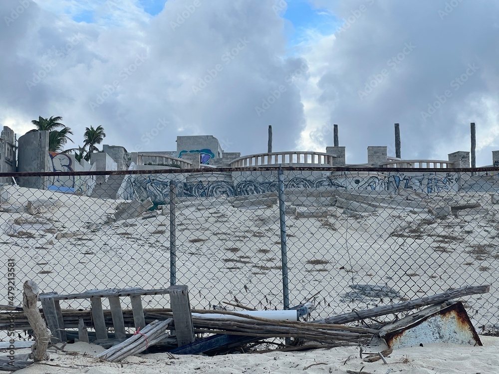 Abandoned hotel ruins in Cancun, Mexico. Building ruins a beach in ...