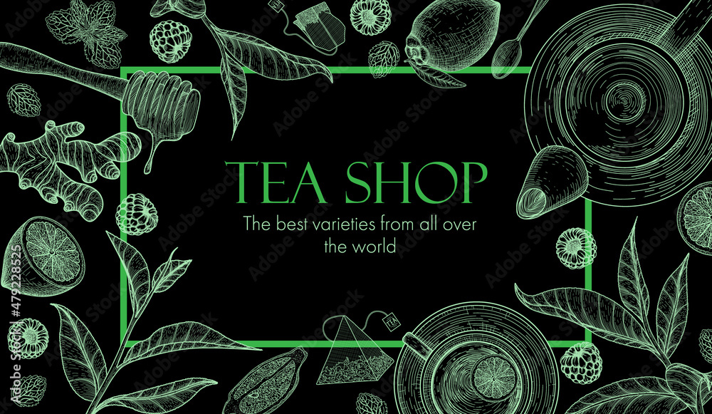 Vector illustration of a black and green banner template for a tea shop ...