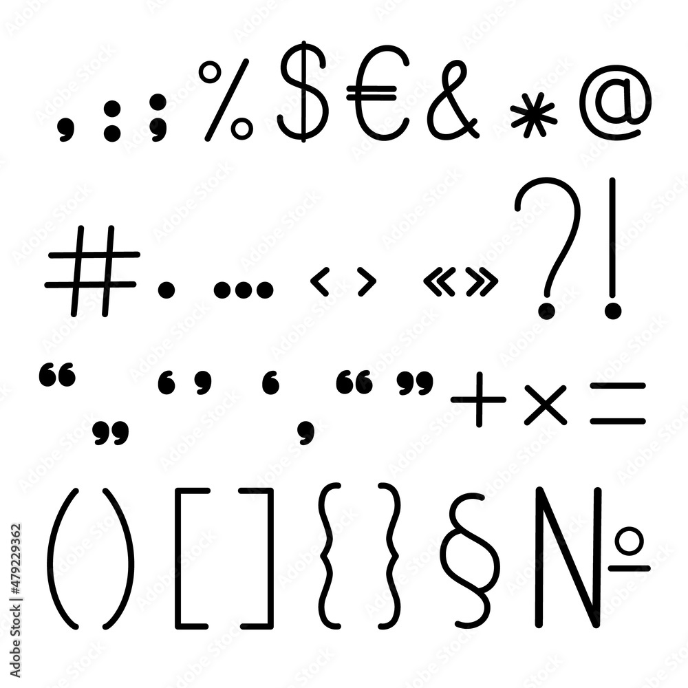 Punctuation marks, question, exclamation, brackets hand drawn symbols ...