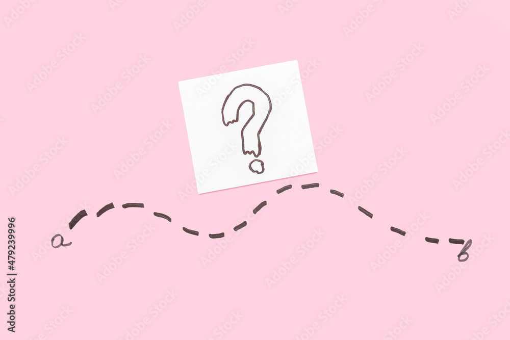 Sticky note with question mark and drawn dashed line on pink background ...