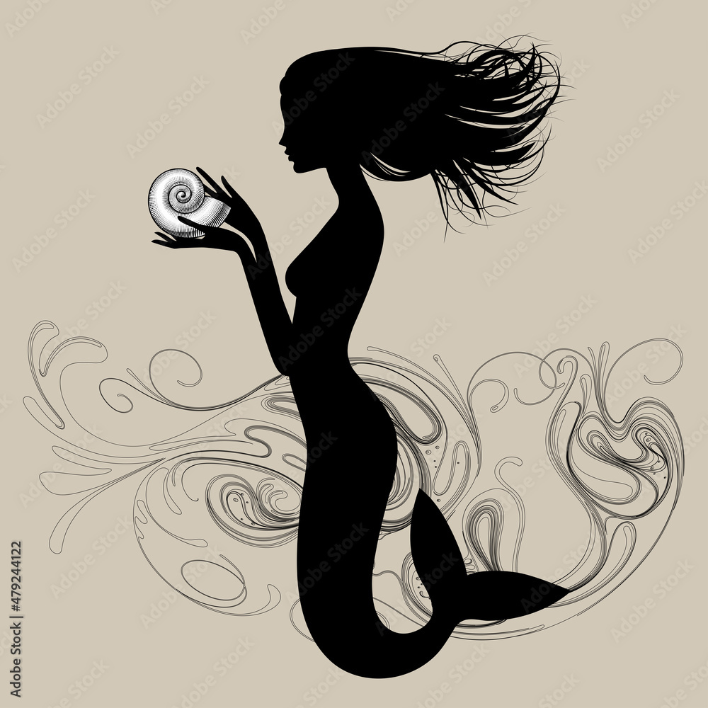 Black silhouette of a mermaid girl with a spiral shell on the abstract ...