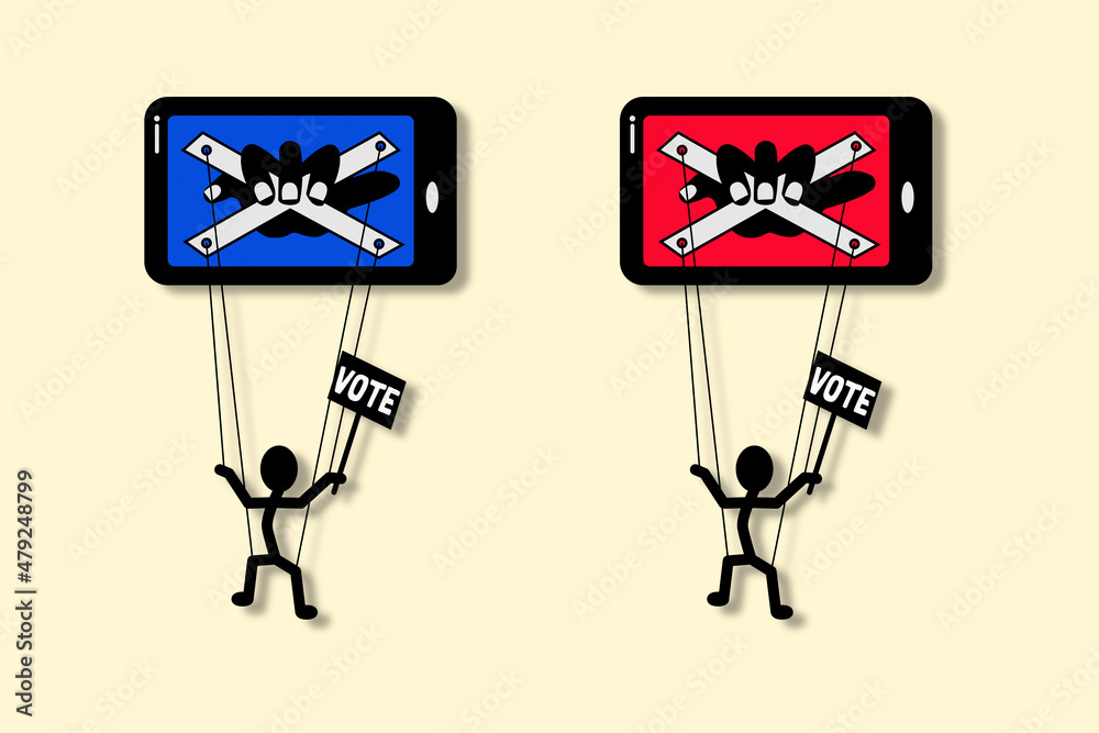 puppets on strings being manipulated by a hand on a smart phone, social ...