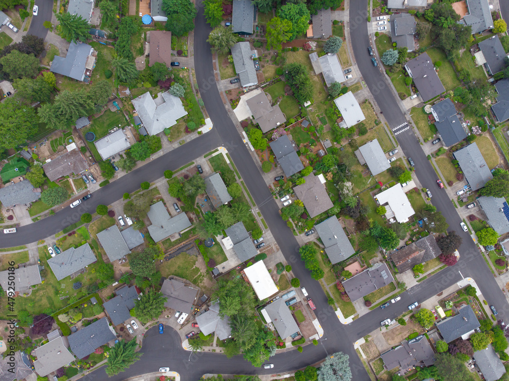 Shooting from a drone. Small green town with one-story houses, lots of ...
