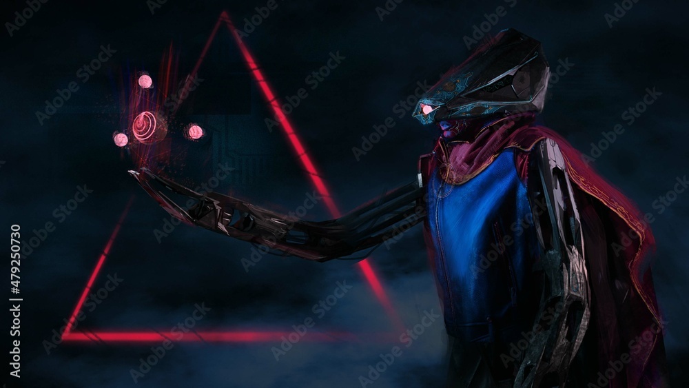 Digital 3d illustration of a cyborg robot with magic technology against ...
